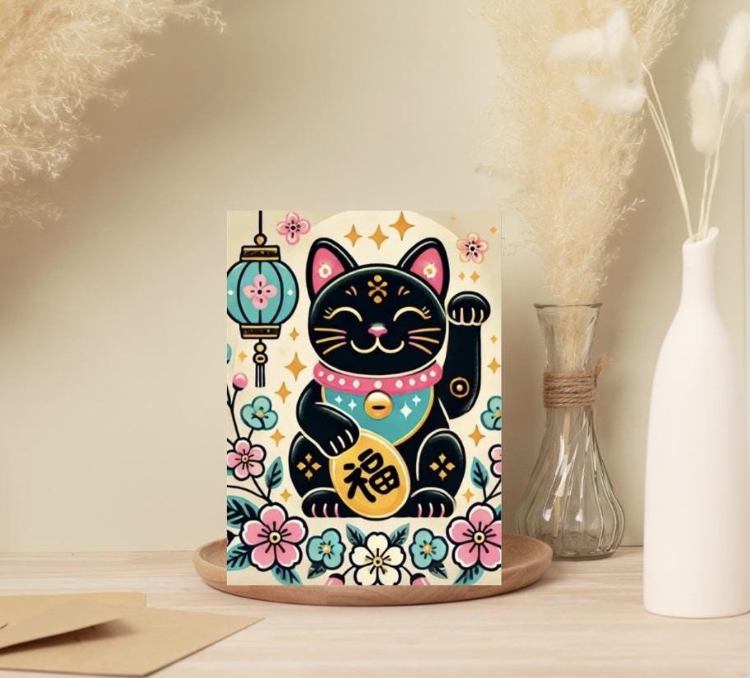 Black Lucky Cat Greeting Cards Pack of 10 Blank 5x7 Cards With ...