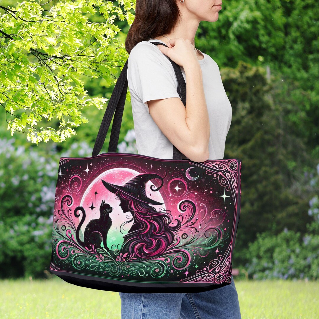 Witch Black Cat Weekender Tote Bag - Witch Shopping Bag, Pink and Green ...