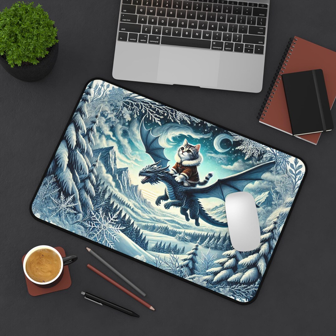 Cat Lover Winter Dragon Flight Desk Mat, Dragon Office Mouse Pad, Role ...