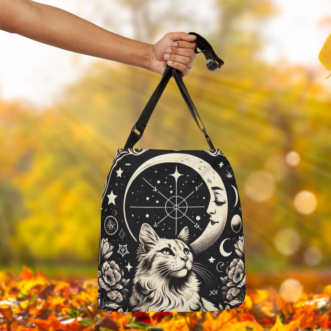 Mystical Cat Moon Tote Bag: Boho Celestial Shoulder Bag - Etsy