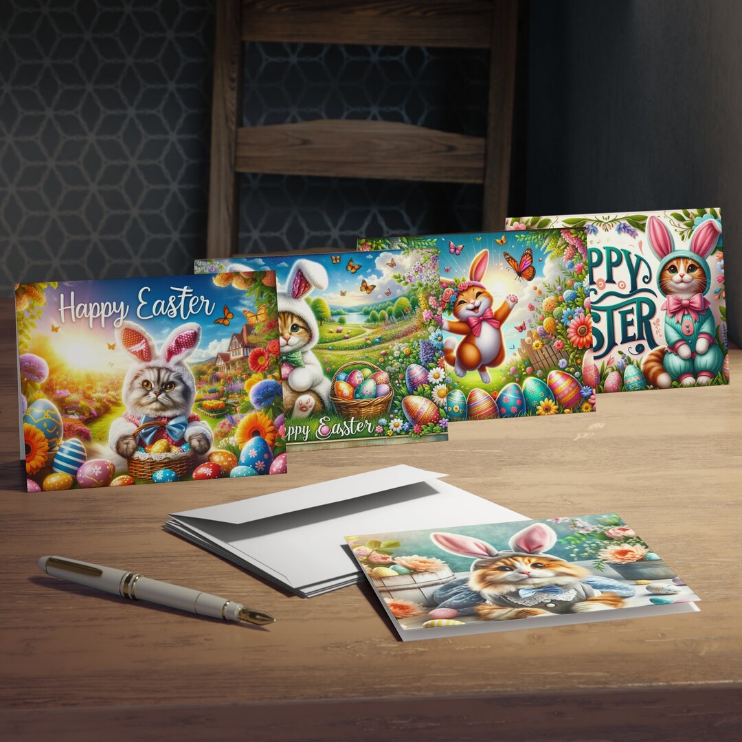 Cat Easter Bunny Greeting Cards Blank Inside Multi-design Greeting ...