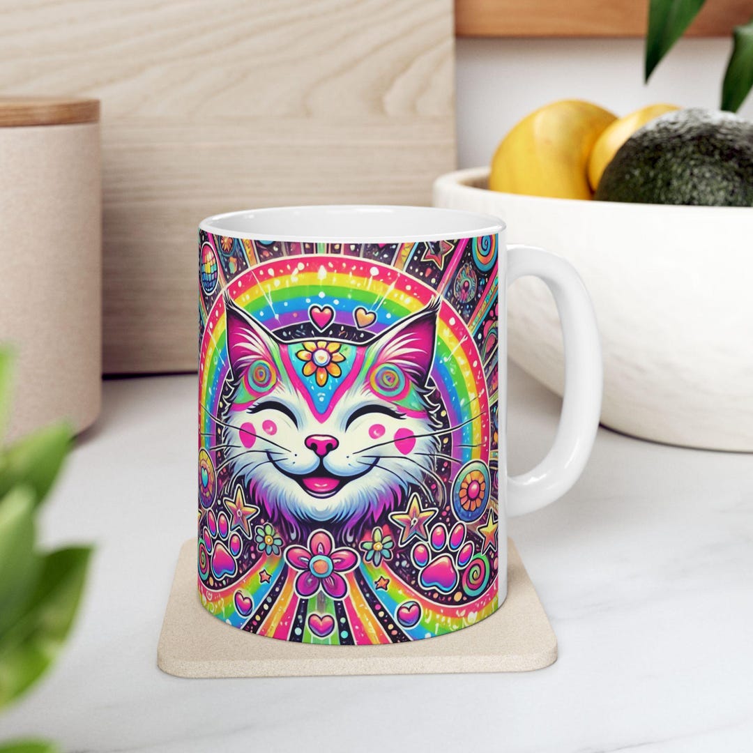 Rainbow Cat Coffee Mug: Psychedelic Flower Tea Cup - Etsy