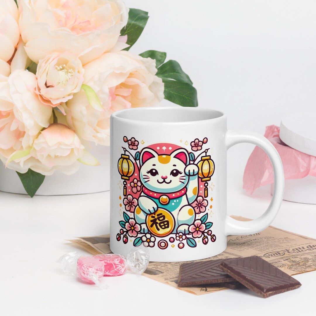 Maneki Neko Mug: Lucky Cat Coffee Cup With Pink Floral Design - Etsy