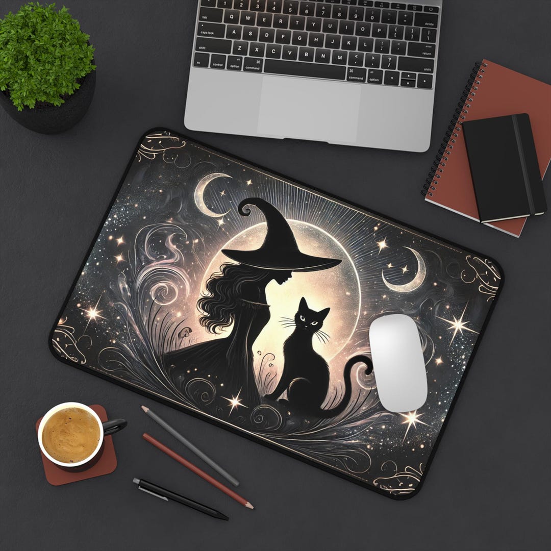 Witchy Moon, Black Cat Desk Mat - Black Cat Mouse Pad, Cat Lover Office ...
