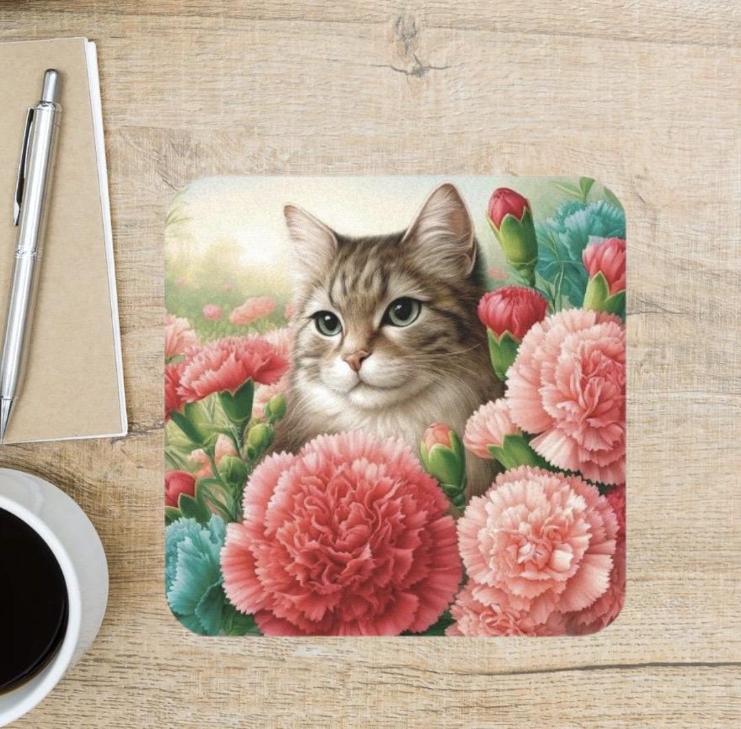 January Birth Flower Carnation Cat Lover Drink Coaster - Etsy