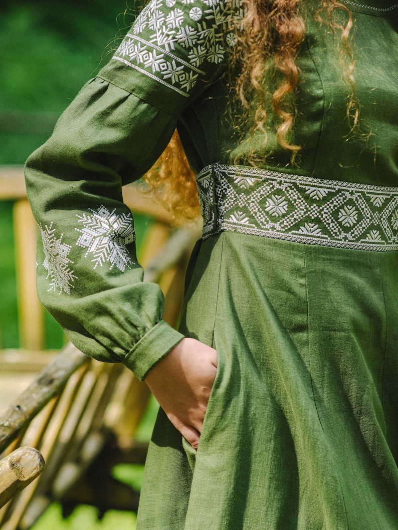 Stylish Embroidered Green Linen Dress With Ukrainian Embroidery, Linen ...