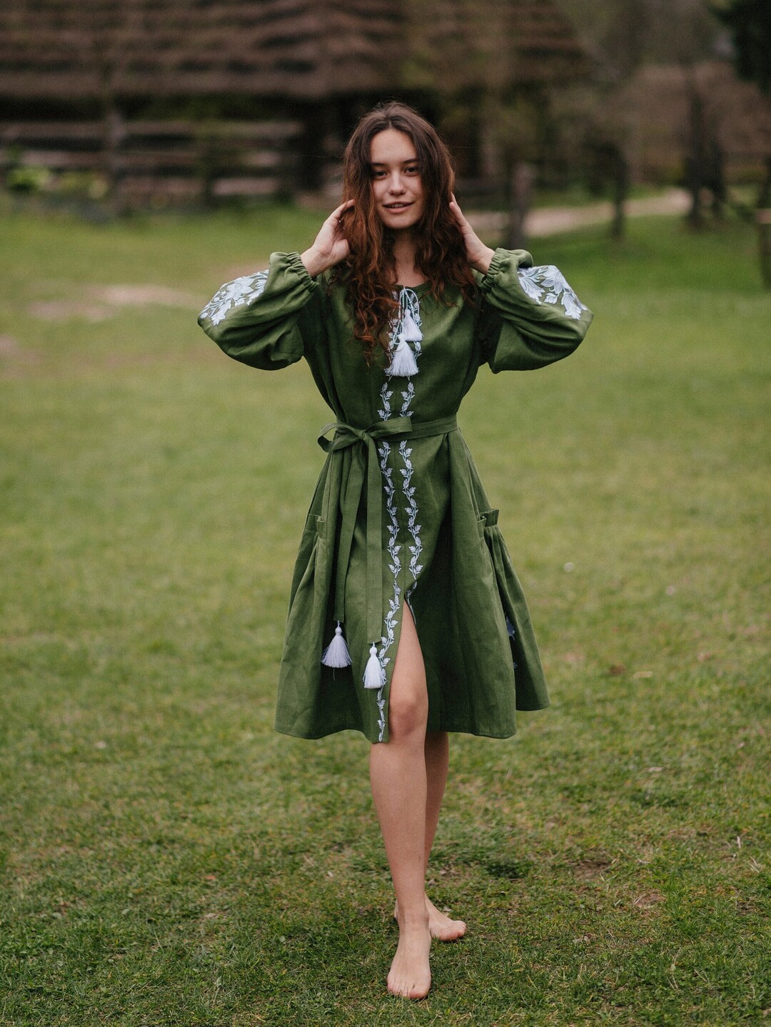 Green Linen Dress With Floral Embroidery, Loose Fit Ukrainian Dress ...
