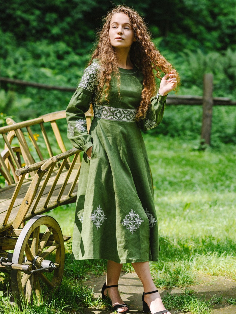 Stylish Embroidered Green Linen Dress With Ukrainian Embroidery, Linen ...