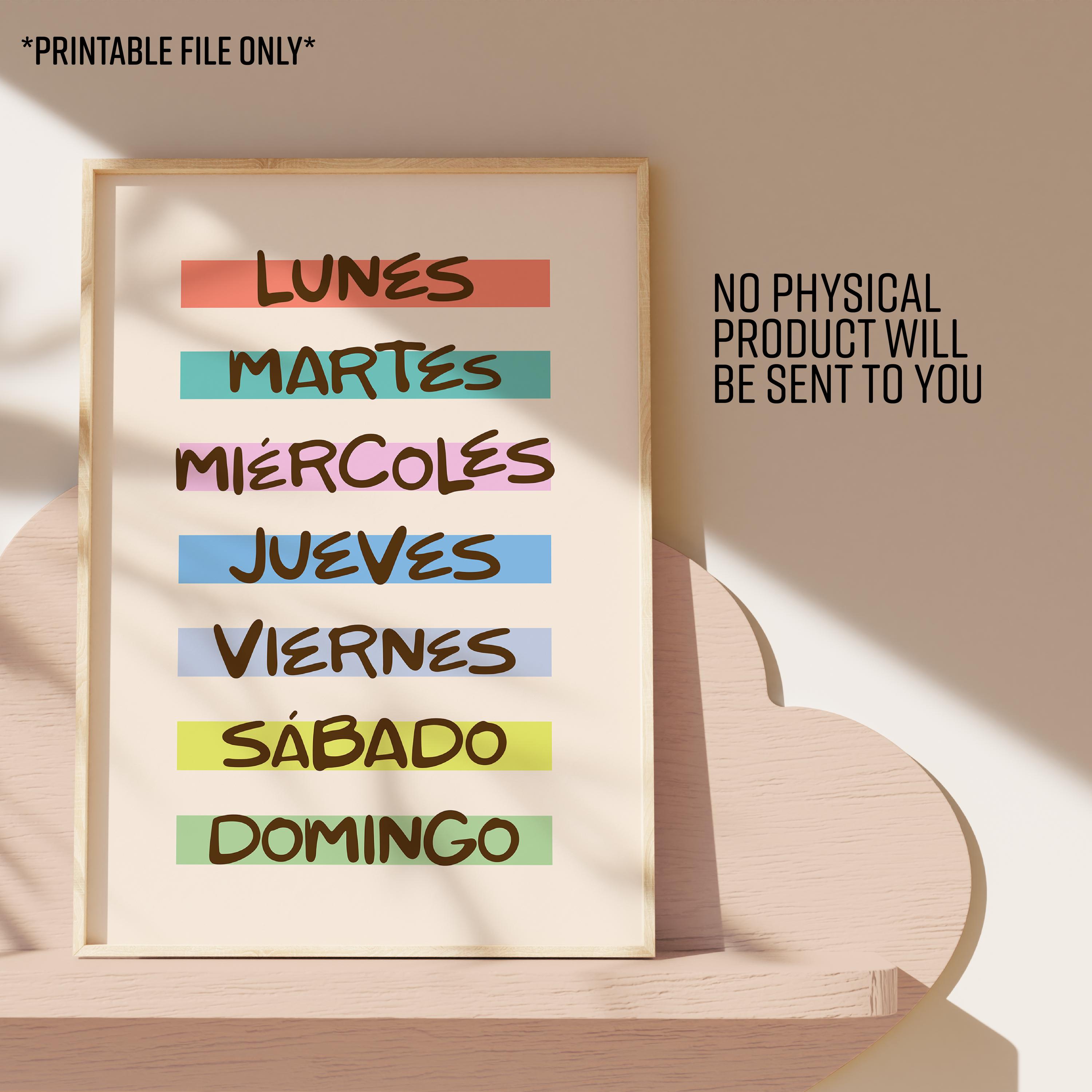 Days of the Week SPANISH Poster: Educational Wall Art (digital Download ...