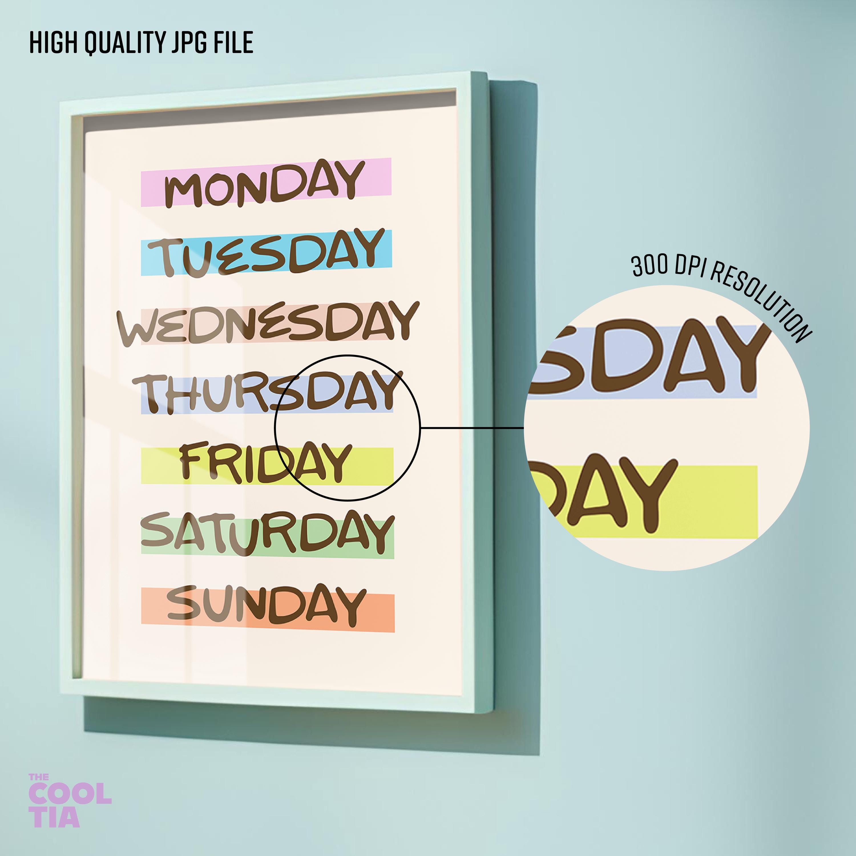 Days of the Week (english), Digital Printable Poster, Educational Art ...