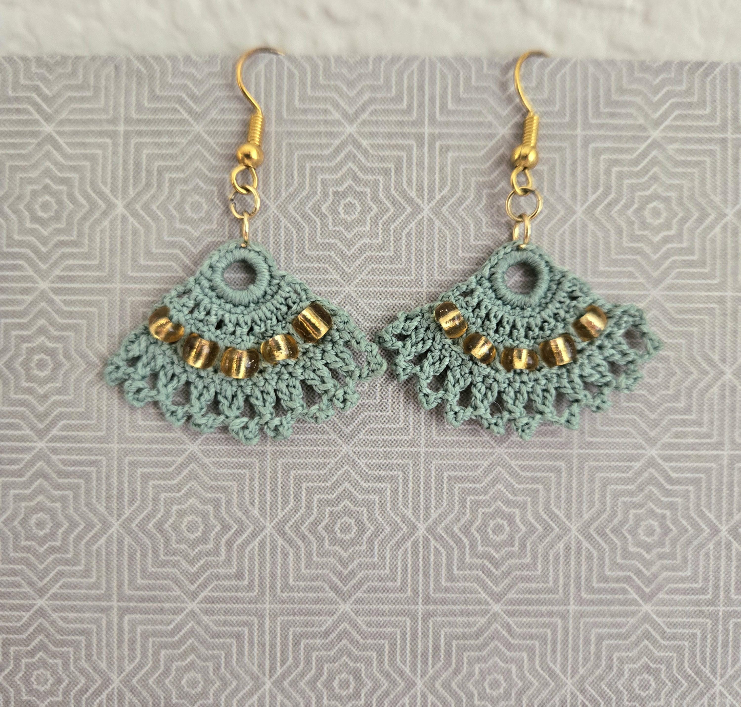 Crochet Beaded Fan Earrings, Gold Beaded Earrings, Green Crocheted ...