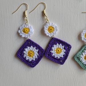 Micro Daisy Crochet Earrings, Dangle Drop Daisy Earrings, Handmade ...