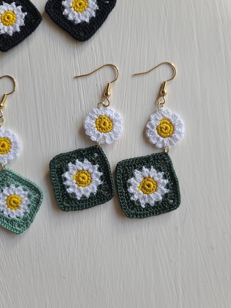Micro Daisy Crochet Earrings, Dangle Drop Daisy Earrings, Handmade ...