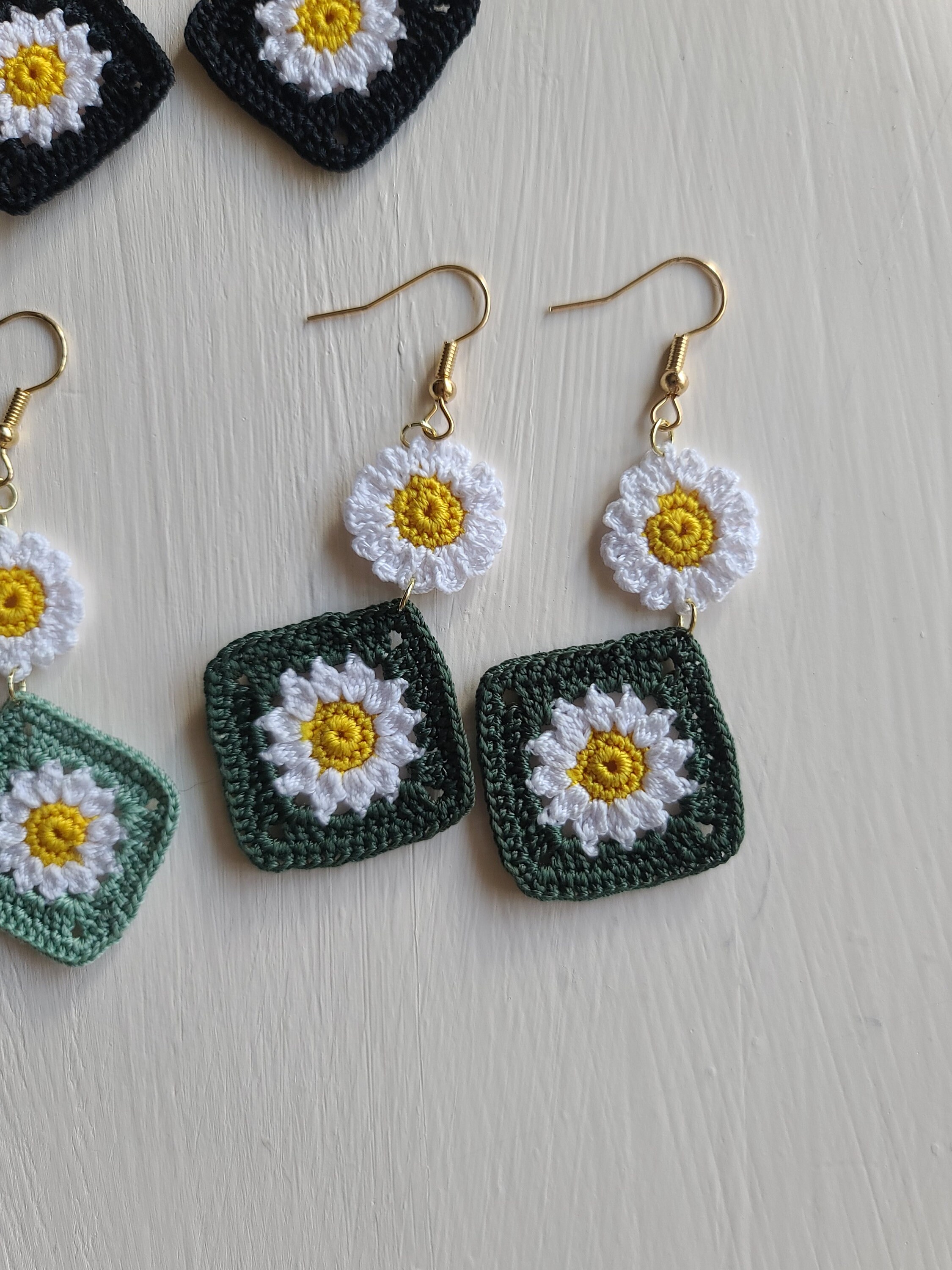 Micro Daisy Crochet Earrings, Dangle Drop Daisy Earrings, Handmade ...
