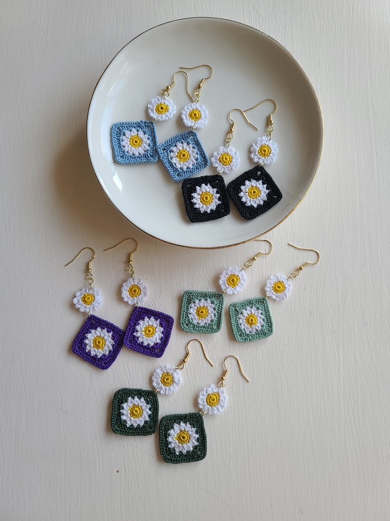 Micro Daisy Crochet Earrings, Dangle Drop Daisy Earrings, Handmade ...