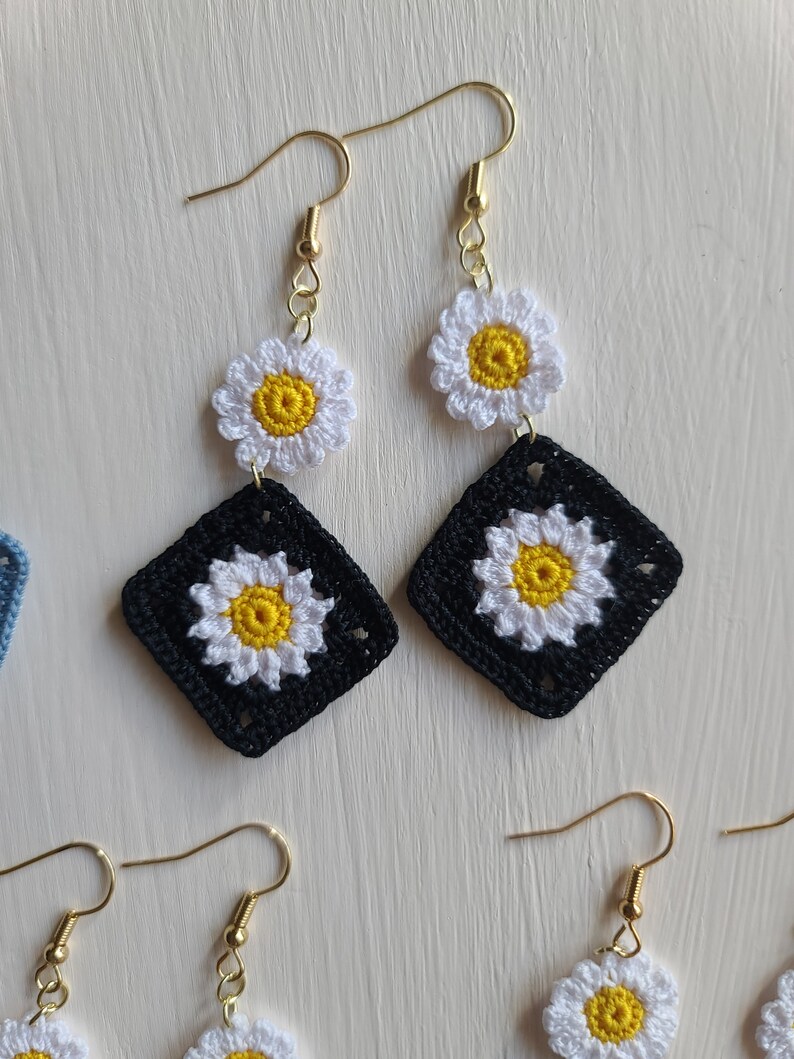 Micro Daisy Crochet Earrings, Dangle Drop Daisy Earrings, Handmade ...