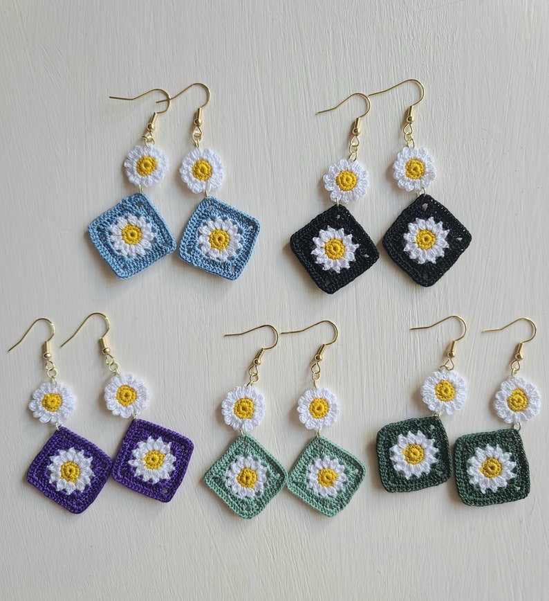 Micro Daisy Crochet Earrings, Dangle Drop Daisy Earrings, Handmade ...