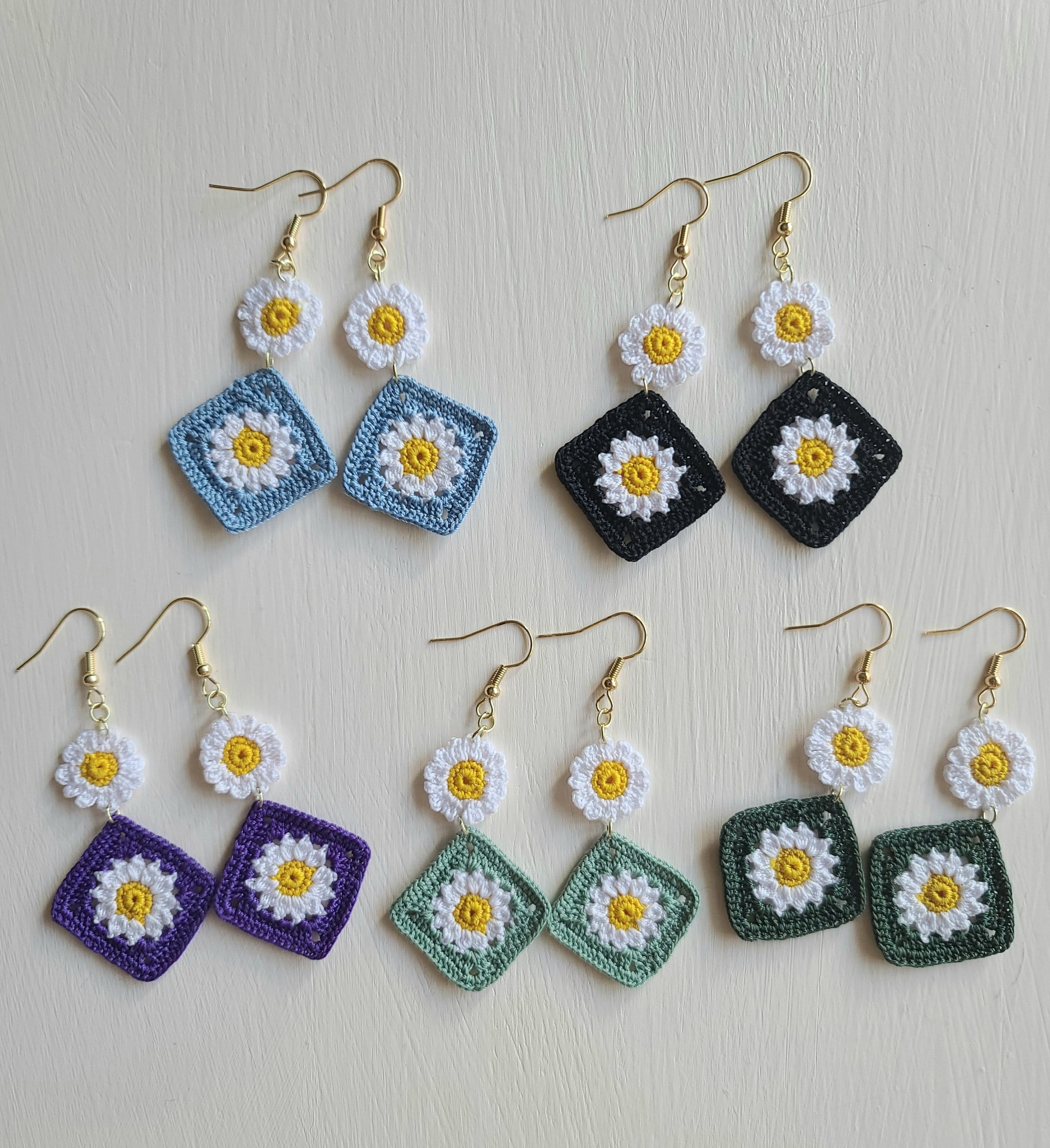 Micro Daisy Crochet Earrings, Dangle Drop Daisy Earrings, Handmade ...