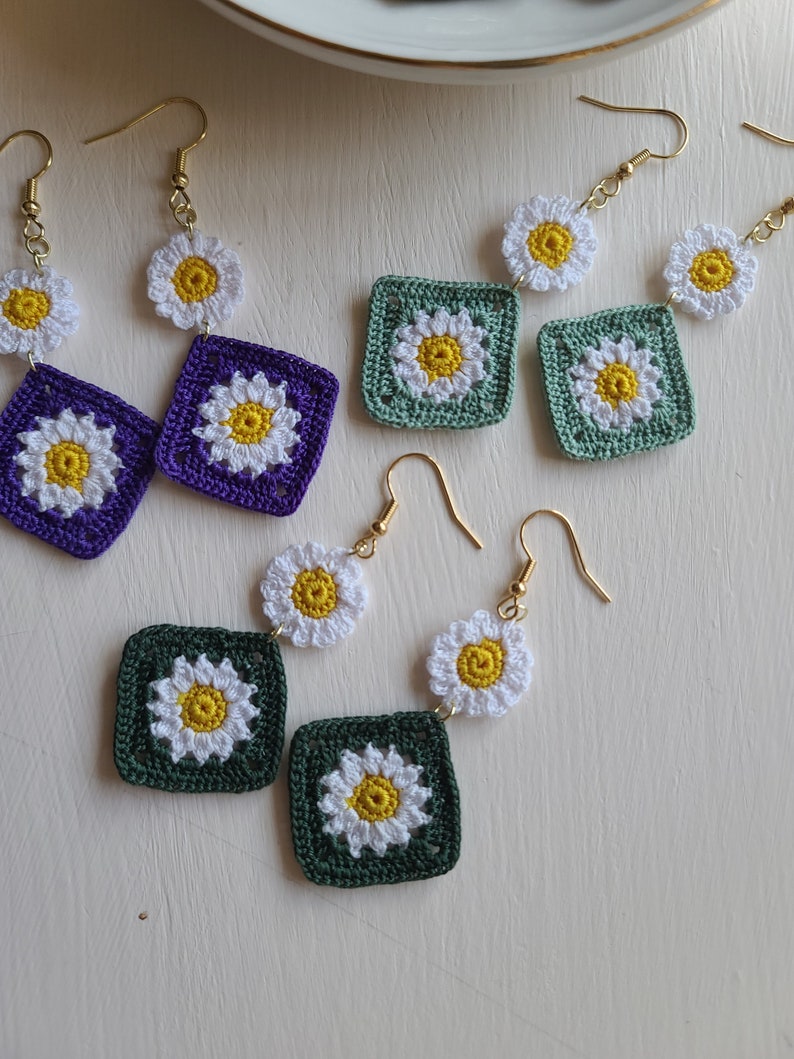 Micro Daisy Crochet Earrings, Dangle Drop Daisy Earrings, Handmade ...