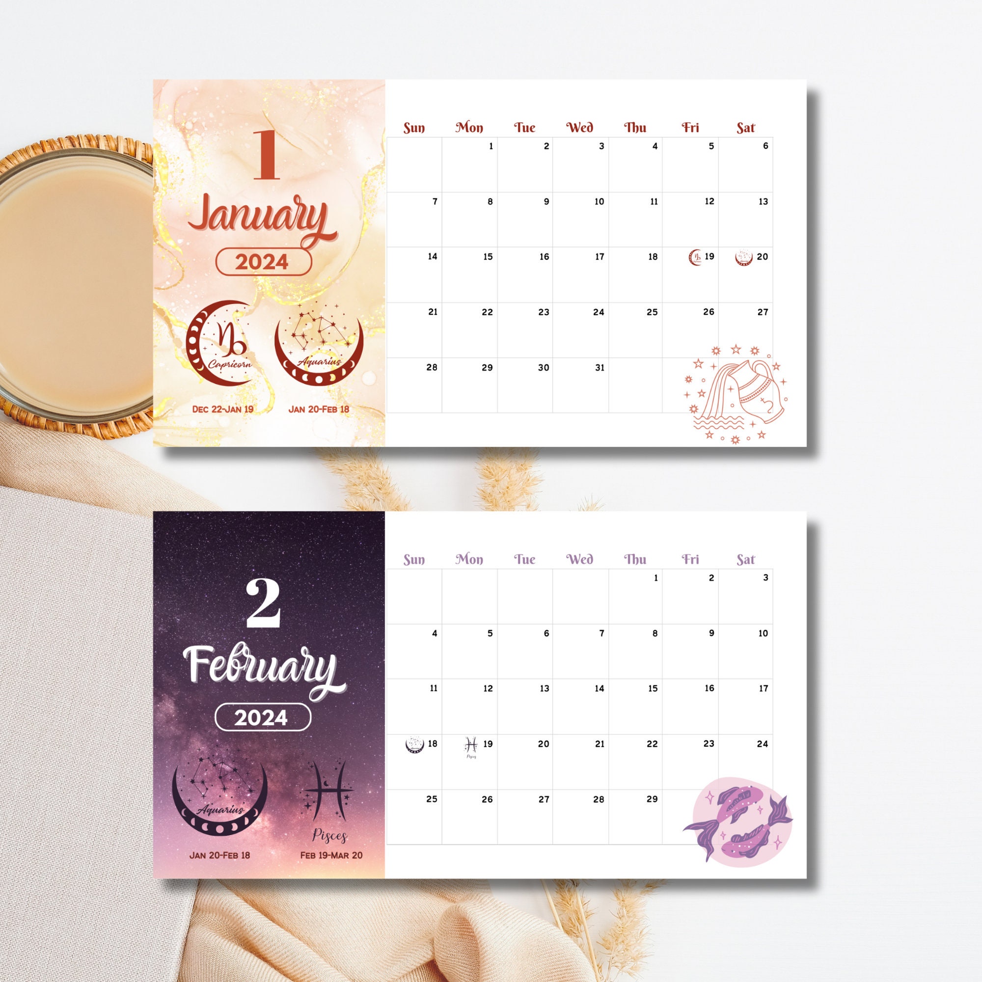 2024 Monthly Calendar Zodiac Calendar Printable Calendar - Etsy