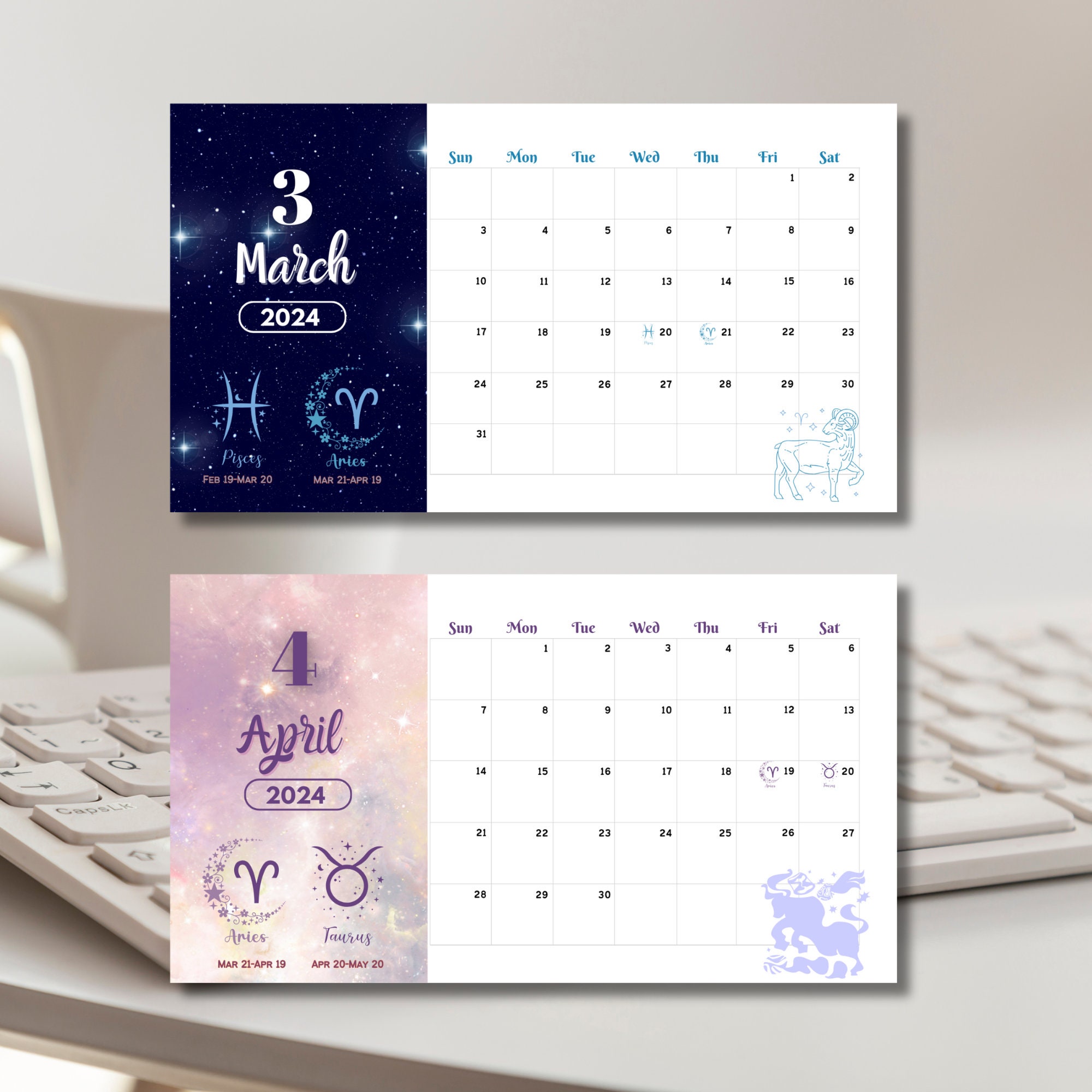 2024 Monthly Calendar Zodiac Calendar Printable Calendar - Etsy