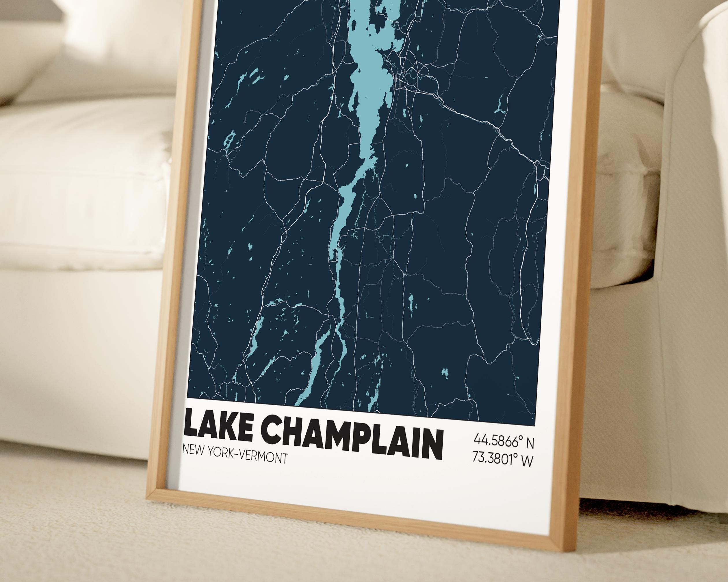 Lake Champlain Map Print, New York Vermont Wall Art, Lake Champlain NY ...