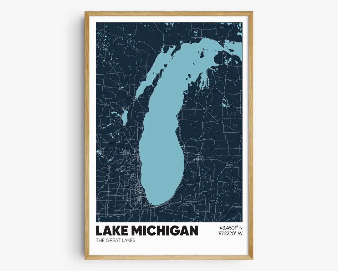 Lake Michigan Map Print, the Great Lakes Wall Art, Lake Michigan Poster ...