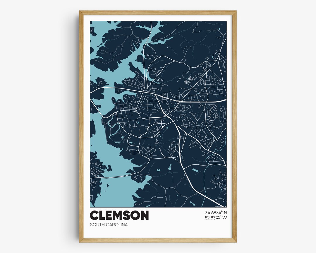 Clemson Map Print, South Carolina Poster, Clemson SC Wall Art ...
