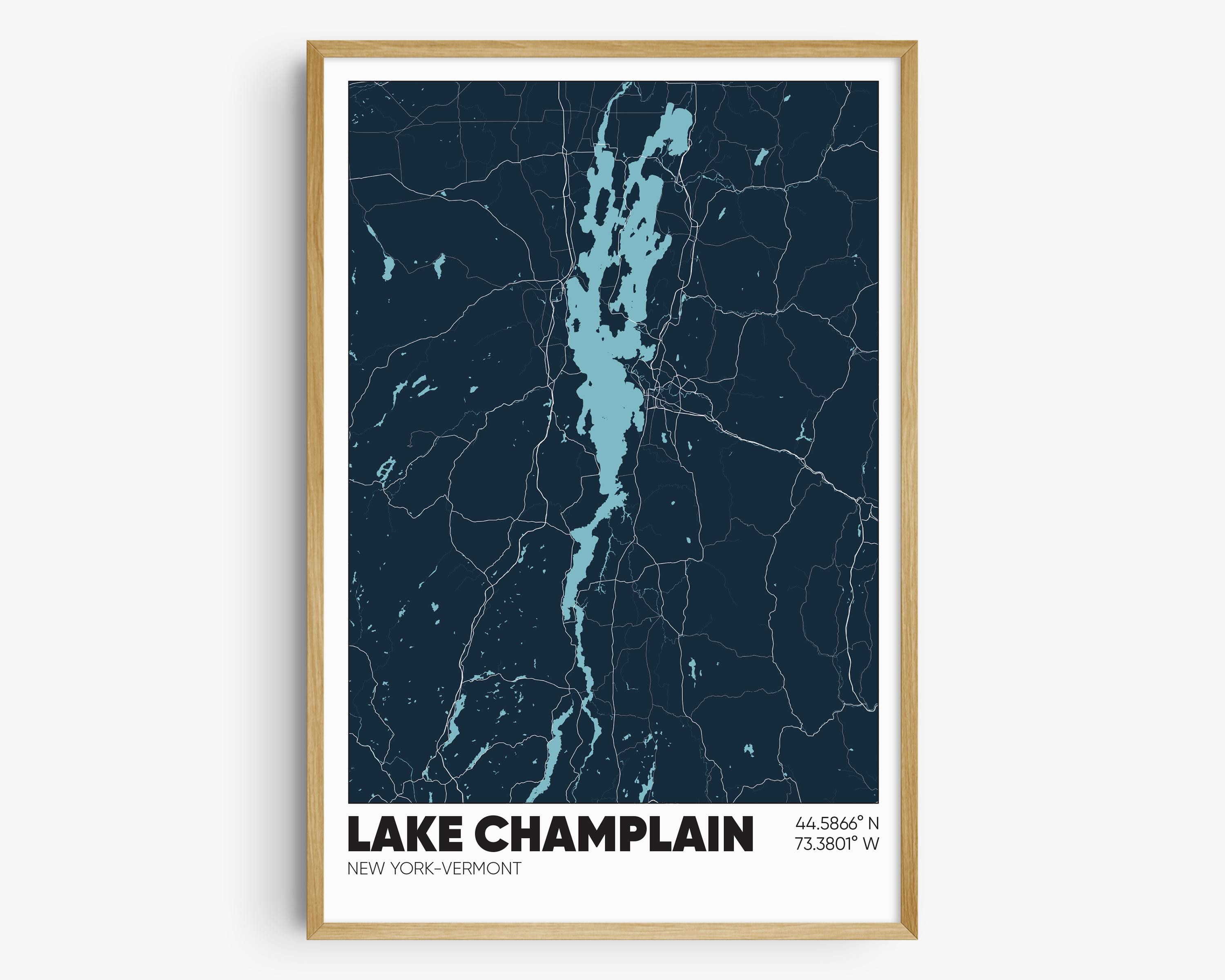 Lake Champlain Map Print, New York Vermont Wall Art, Lake Champlain NY ...