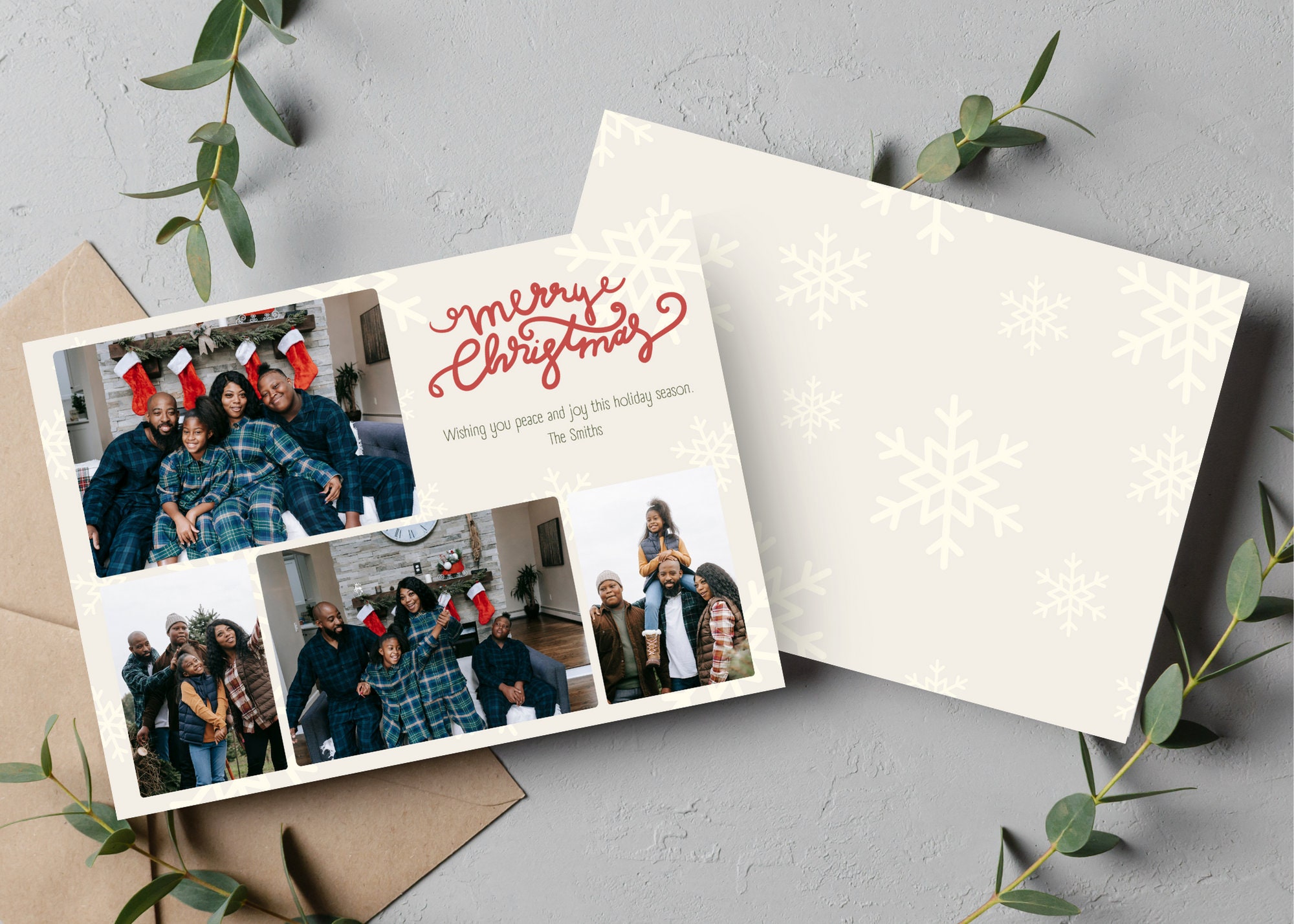Neutral Snowflake Christmas Card - 5x7 - Pultiple Pictures | Editable ...