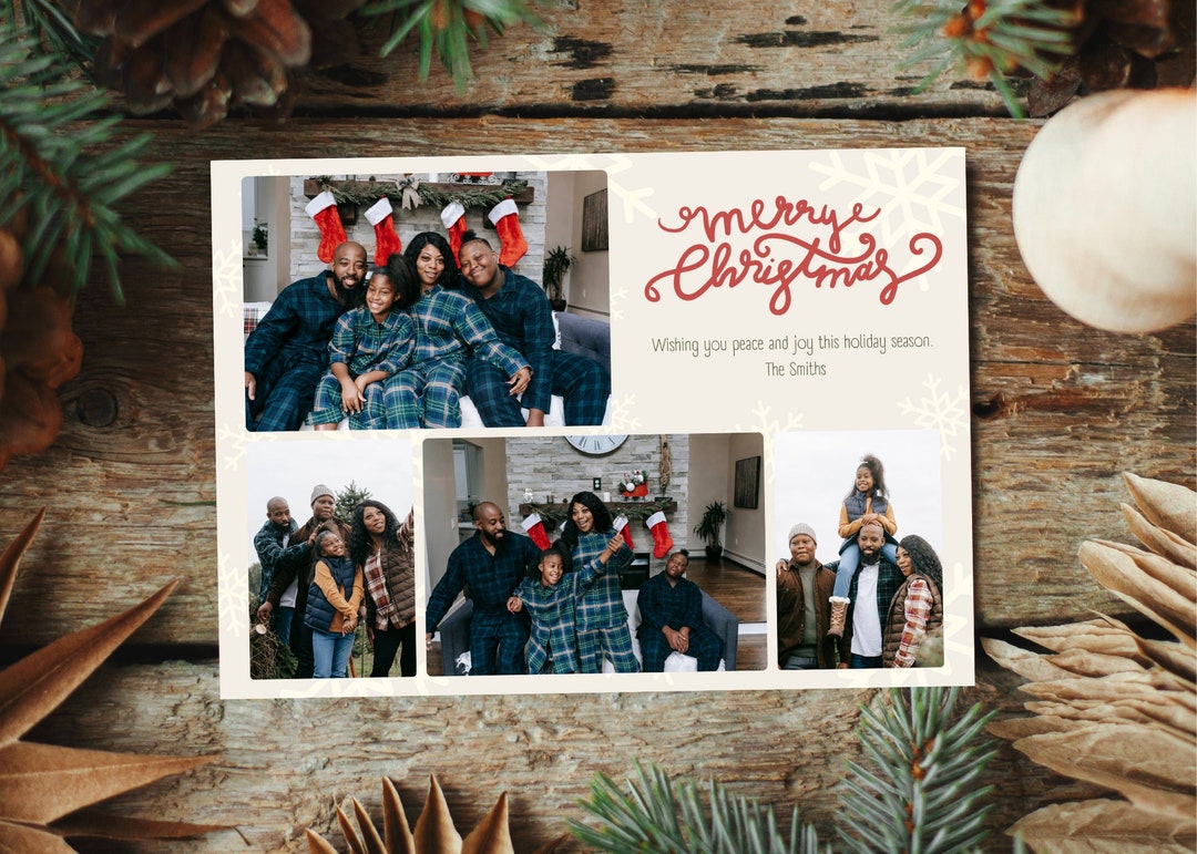 Neutral Snowflake Christmas Card - 5x7 - Pultiple Pictures | Editable ...