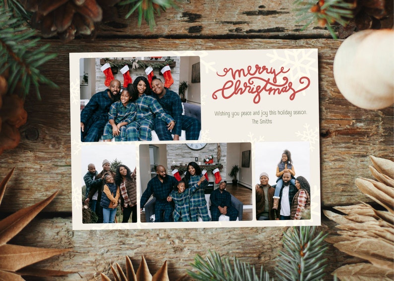 Neutral Snowflake Christmas Card - 5x7 - Pultiple Pictures | Editable ...