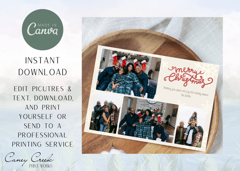 Neutral Snowflake Christmas Card - 5x7 - Pultiple Pictures | Editable ...