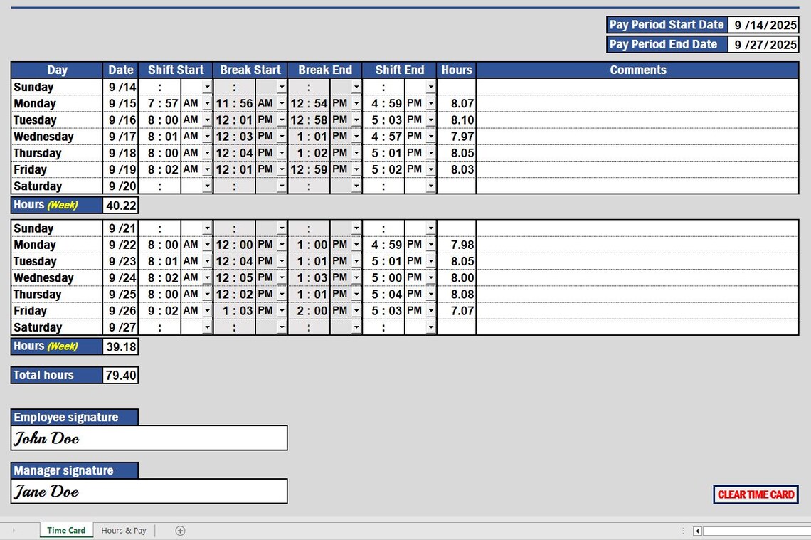 Microsoft Excel Spreadsheet - Employee Bi-weekly Time Sheet - Etsy