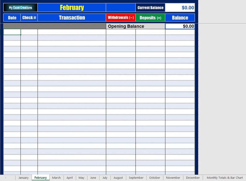 Microsoft Excel Spreadsheet - 12-month Checkbook Register (striped Rows ...