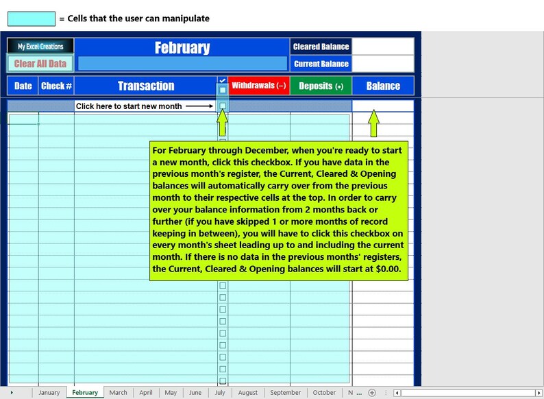 Microsoft Excel Spreadsheet - 12-month Checkbook Register (striped Rows ...