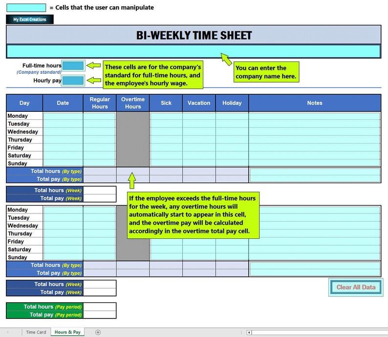 Microsoft Excel Spreadsheet - Employee Bi-weekly Time Sheet - Etsy
