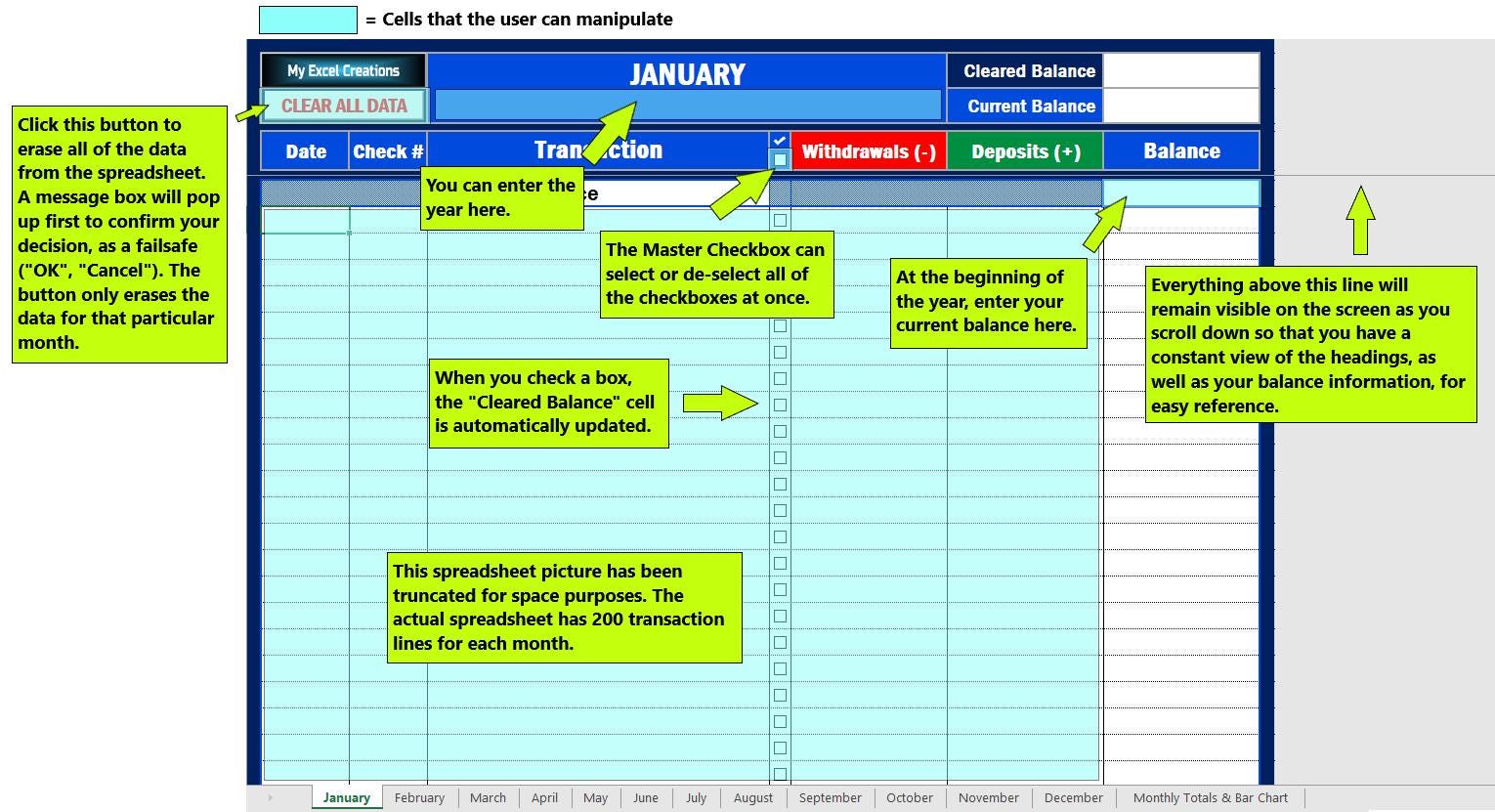 Microsoft Excel Spreadsheet - 12-month Checkbook Register (striped Rows ...
