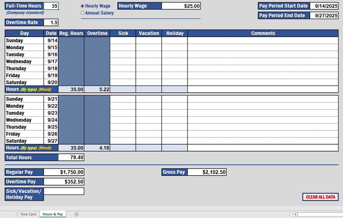 Microsoft Excel Spreadsheet - Employee Bi-weekly Time Sheet - Etsy