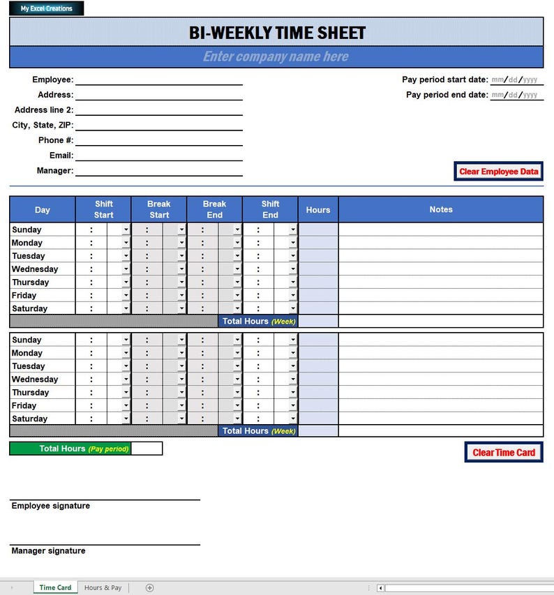 Microsoft Excel Spreadsheet - Employee Bi-weekly Time Sheet - Etsy
