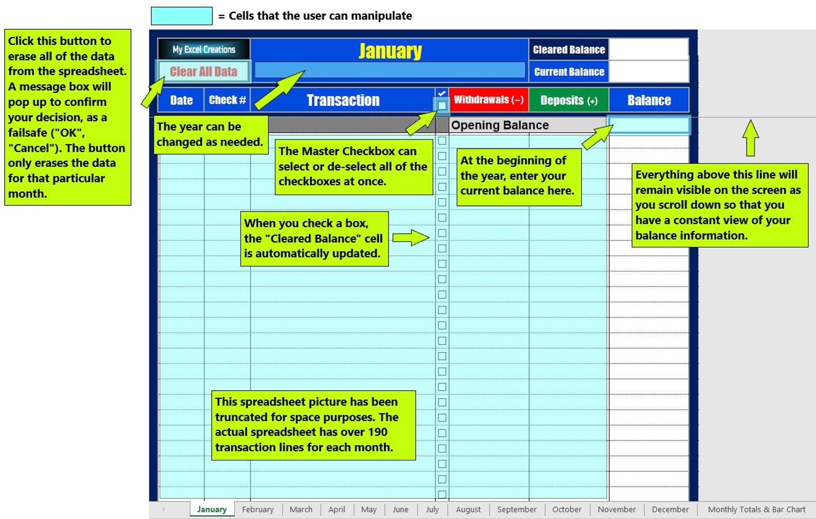 Microsoft Excel Spreadsheet - 12-month Checkbook Register (striped Rows ...