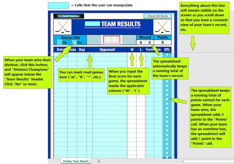 Microsoft Excel Spreadsheet Hockey Team Results - Etsy