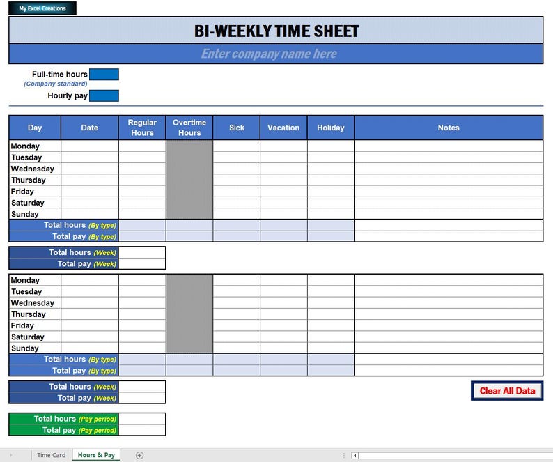 Microsoft Excel Spreadsheet - Employee Bi-weekly Time Sheet - Etsy