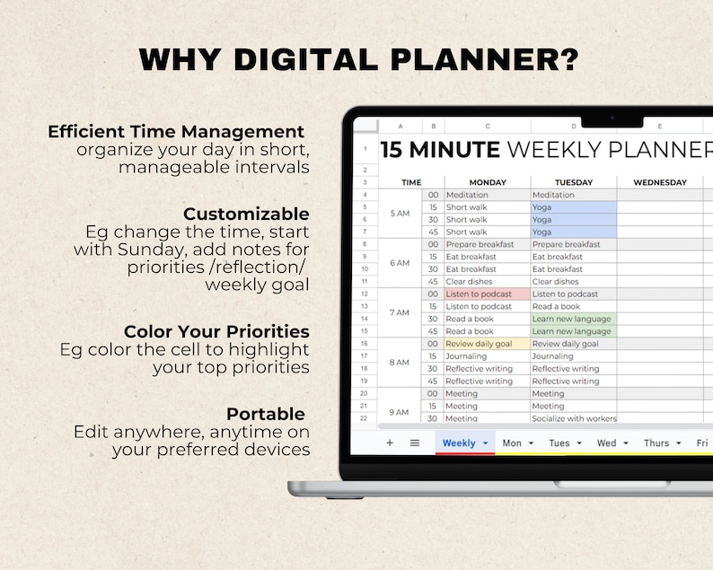 Customizable 15 Minute Planner Google Sheet, Time Blocking Planner ...