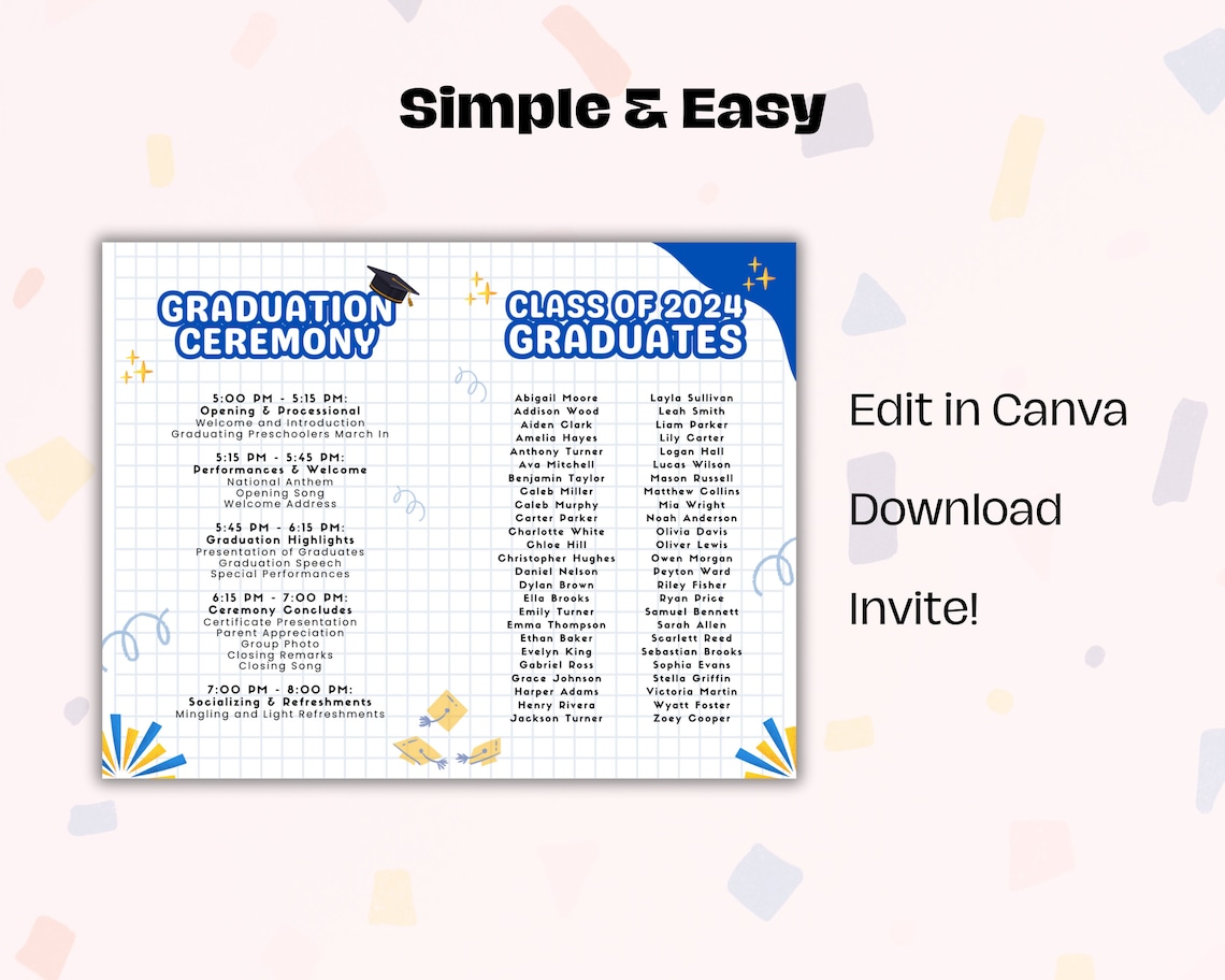 Editable Preschool Graduation Program, Kindergarten Elementary or Pre K ...