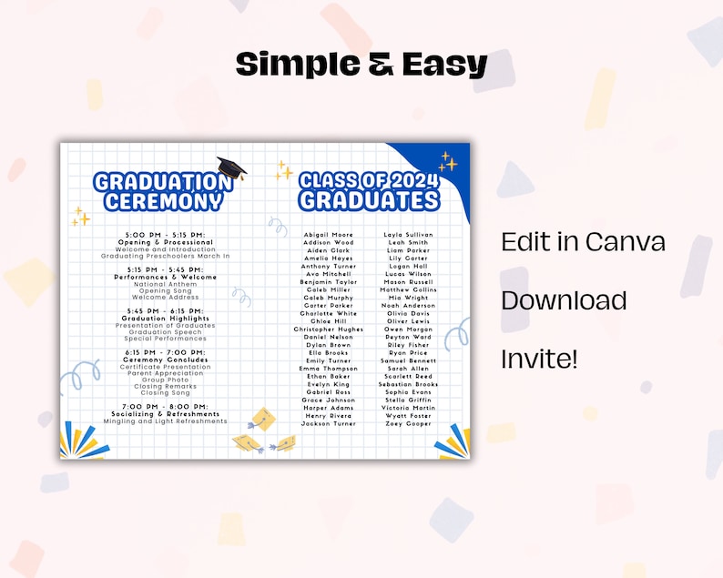 Editable Preschool Graduation Program, Kindergarten Elementary or Pre K ...