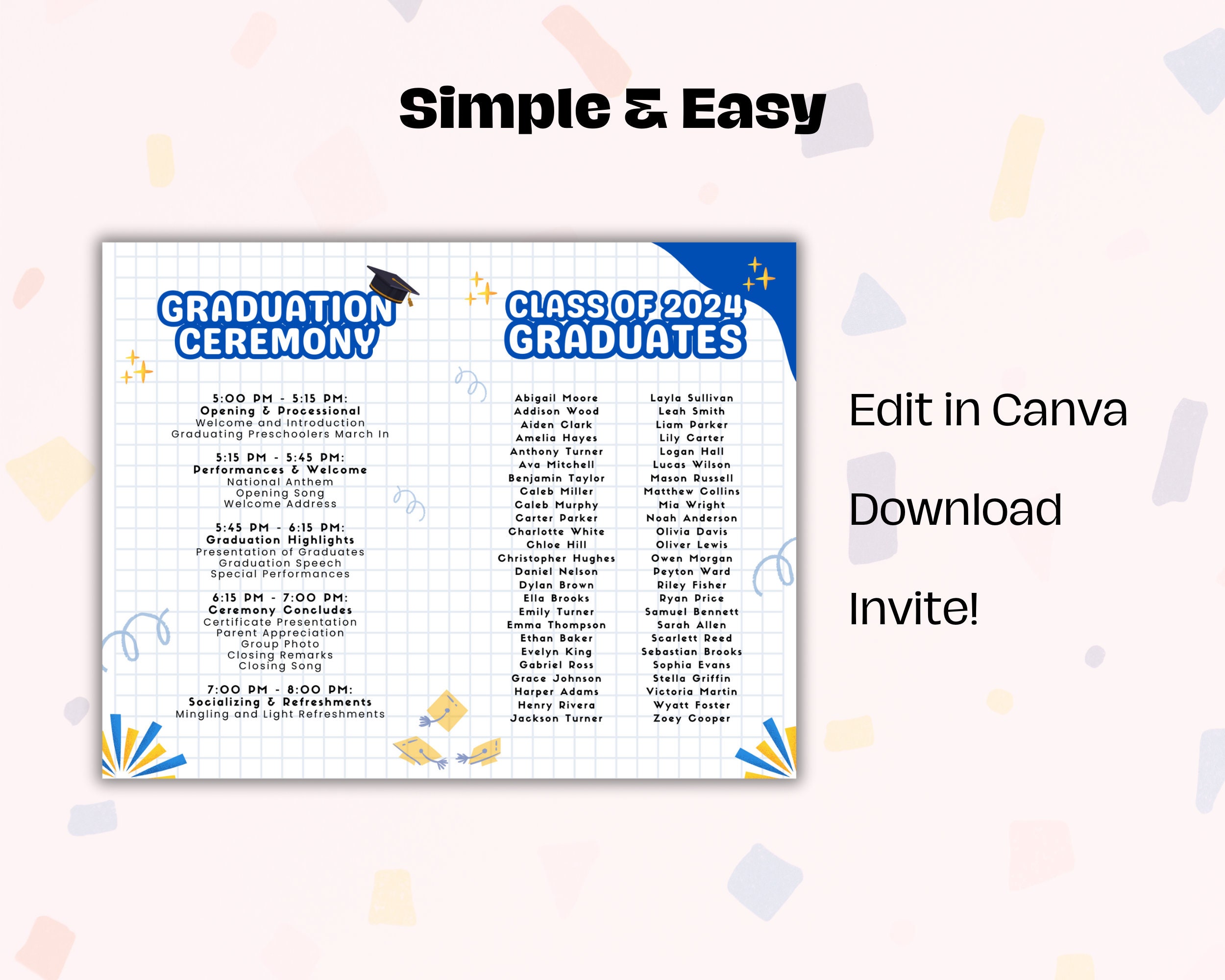 Editable Preschool Graduation Program, Kindergarten Elementary or Pre K ...