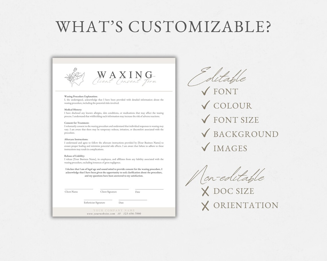 Modern Waxing Consent Form, Esthetician Forms for Liability Waiver and ...