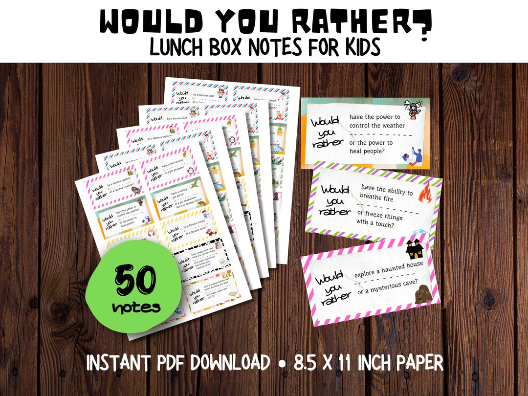 Would You Rather Lunchbox Notes for Kids. Cute Lunch Box Notes Cards ...