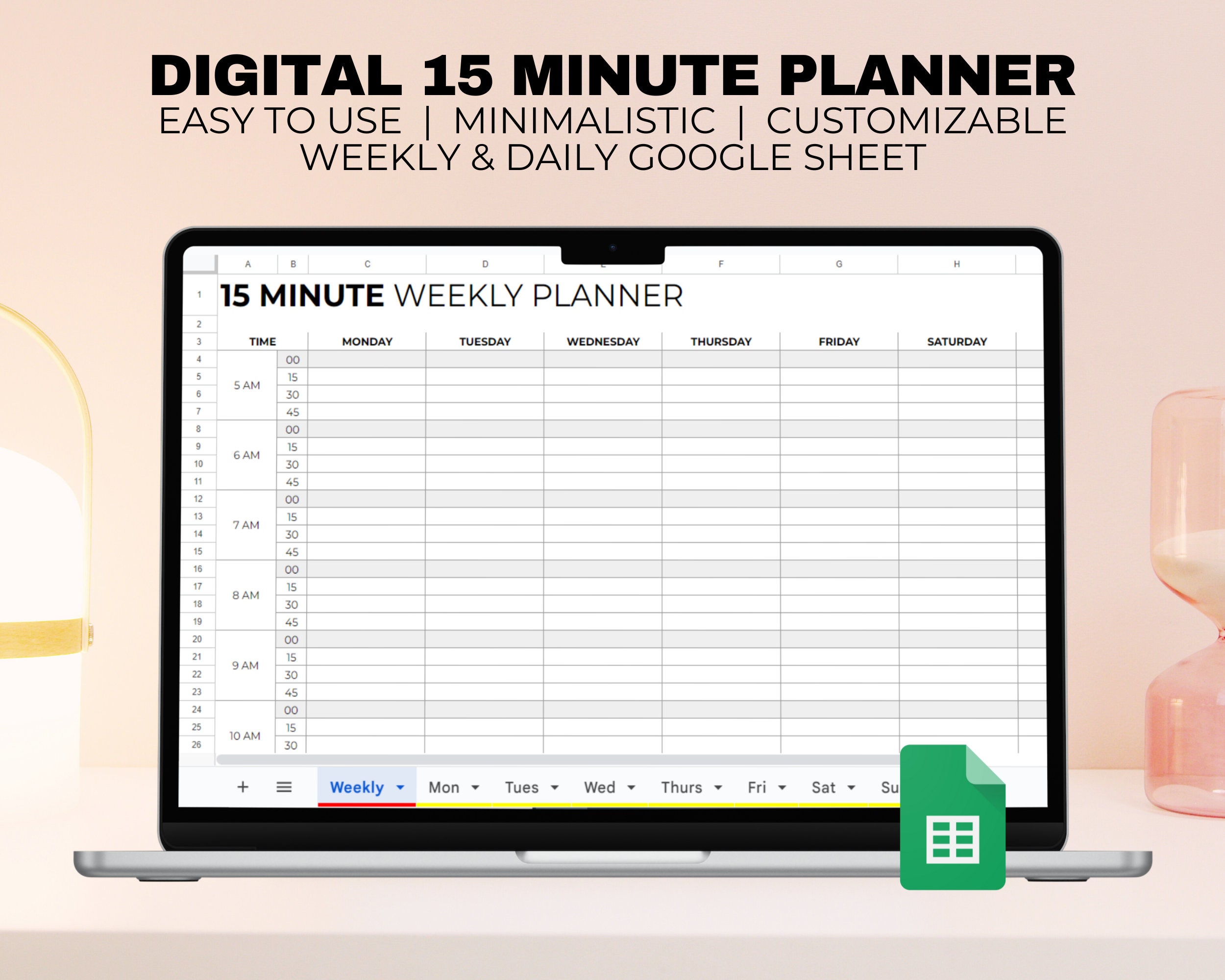 Customizable 15 Minute Planner Google Sheet, Time Blocking Planner ...